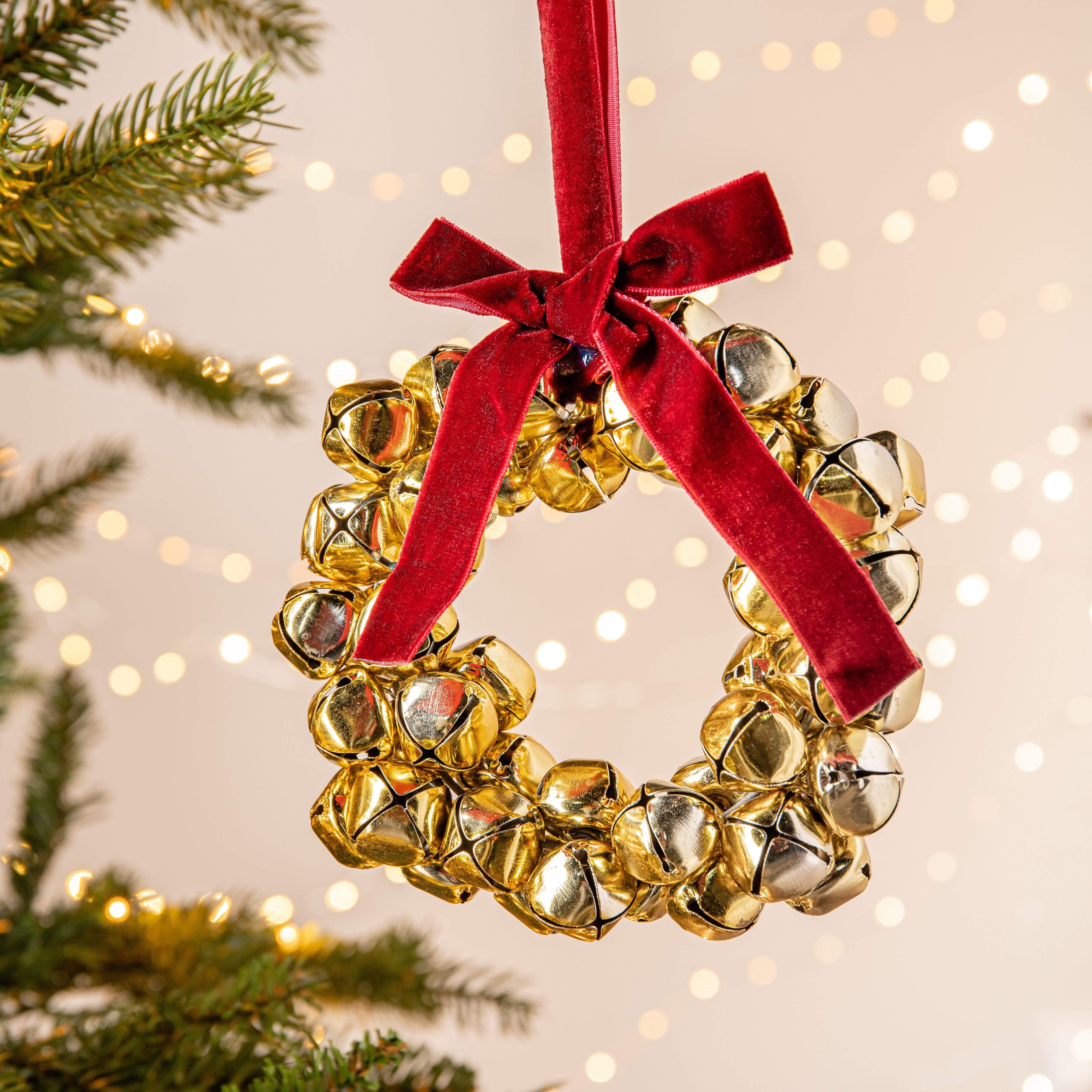 Gold Bells Mini Hanging Wreath Christmas Tree Decoration - 35cm ...